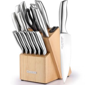 zulay 15 piece stainless steel knife set with block and sharpener - sharp knife block set with built in sharpener - kitchen knife set with block - rust proof knife set stainless steel