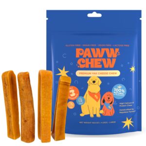 paww chew yak cheese himalayan dog chews - all natural long lasting dog treats, (large - 4 pack) odorless, high protein yak chew, great for oral health, only 3 ingredient yak bone for power-chewers