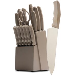 15 piece kitchen knife set with block, full-tang high-carbon stainless-steel blades, heavy duty handles, gold knife set with block, knife block set, modern kitchen essentials chef knife set dfackto