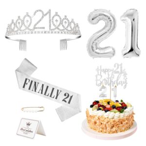 sliver 21st birthday decorations for her including 21st birthday sash and crown, 21st birthday balloon, finally 21st birthday sash with pearl pin, sweet 21st birthday candles, 21 cake topper for her