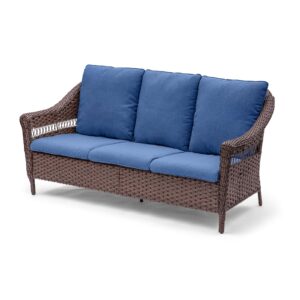 buenhomino outdoor patio sofa couch - 3 seater all weather rattan conversation sofa porch furniture wicker sofa with deep seat high backrest for deck porch balcony garden - brown/blue