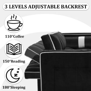 DS-HOMEPORT 3 in 1 Pull Out Convertible Sofa Bed with USB Ports - 55" Modern Velvet Sleeper Sofa with 3 Level Adjustable Backrest, Love Seat w/ 2 Pillows ＆ 2 Pockets for Bedroom (Full Size,Black)