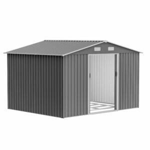 10x8 ft outdoor storage shed, all weather metal sheds with metal foundation & lockable doors, tool shed for garden, patio, backyard, lawn, grey