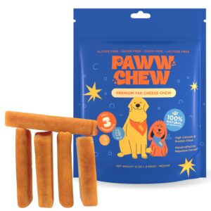 paww chew yak cheese himalayan dog chews - all natural long lasting dog treats, (medium - 5 pack) odorless, high protein yak chew, great for oral health, only 3 ingredient yak bone for power-chewers