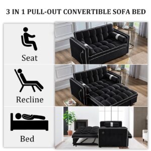 DS-HOMEPORT 3 in 1 Pull Out Convertible Sofa Bed with USB Ports - 55" Modern Velvet Sleeper Sofa with 3 Level Adjustable Backrest, Love Seat w/ 2 Pillows ＆ 2 Pockets for Bedroom (Full Size,Black)