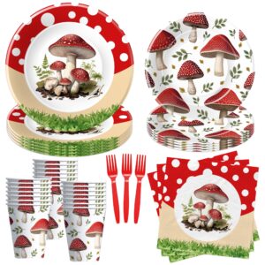 apowbls mushroom birthday decorations party tableware - mushroom baby shower decorations and supplies, paper plate, cup, napkin, disposable fork, mushroom party decorations dinnerware | serve 24