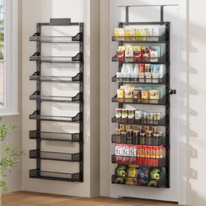 pokipo 8-tier over the door pantry organizer, large metal door spice rack with adjustable basket, 2 in 1 wall mount or hanging heavy-duty pantry door storage shelf for kitchen and bathroom, black