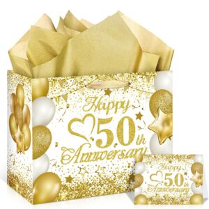 50th anniversary paper gift bag, white gold 50th anniversary party gift bag with tissue papers card 50th wedding anniversary paper gift wrapping bag 50th golden wedding anniversary christmas decor