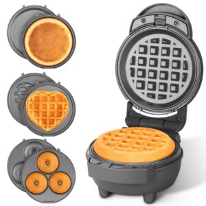 baker's friend 4 in 1 mini waffle maker with removable plates, a set of mini pancake maker, mini donut maker, mini heart shape waffle maker and small waffle maker, recipe included, graphite