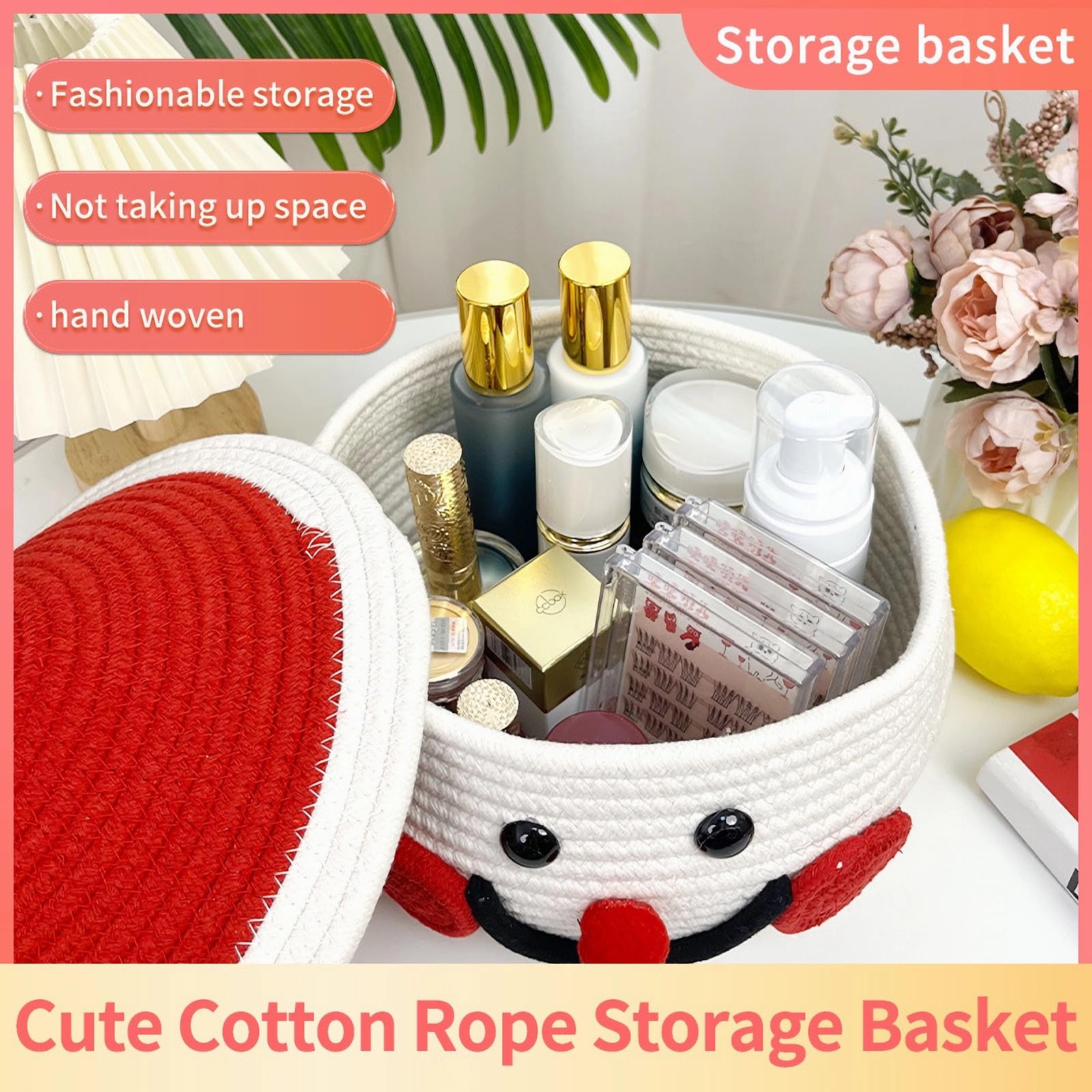 HAMLLJTOGEFR Decorative Storage Basket with Lid Can Store Snacks, Sundries, Cosmetics,Gifts and Other Small Items a Round Woven Basket for Home Organization (white)