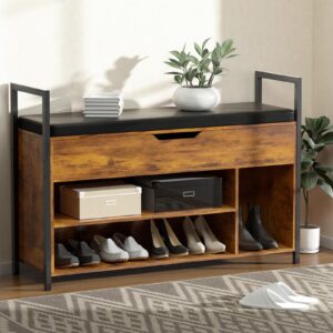 honifur shoe storage bench with flip top space, 2-tier cubbies entryway bench for bedroom, hallway, industrial, vintage brown