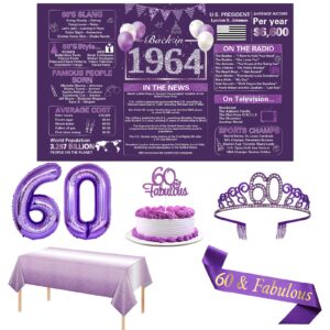 crenics purple 60th birthday decorations for women 1964 - back in 1964 birthday backdrop banner, 60th birthday sash and tiara, tablecloth and cake topper for 60 years old birthday party supplies