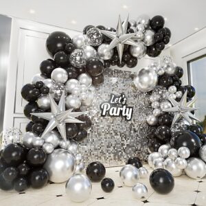 bonropin 161pcs black and silver balloons garland arch kit with explosion star balloons, 5/10/12/18in metallic sliver and black balloons for birthday graduation baby shower new years party decorations