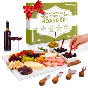 acacia wood and marble charcuterie board set - 11 piece cheese board serving platter - includes knives, bowls, spoons - gift appetizer board with accessories - housewarming and holiday unique gift