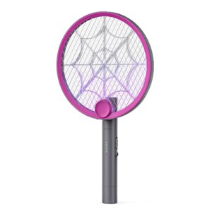 buzbug 3800v electric fly swatter, dual modes bug zapper racket, 1500mah type-c rechargeable battery, portable and foldable fly zapper racket, for indoor outdoor home patio camping (purple gray)