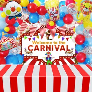 carnival theme party decorations, circus carnival party decoration including carnival backdrop,tablecloth, latex balloons and lion & popcorn aluminum film balloon for party decorations supplies