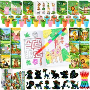 benlouis 96pcs jungle safari party favors zoo animals coloring books crayons sticker stampers slap bracelets set bulk classroom prizes for kids wild one party baby shower goodie bags fillers