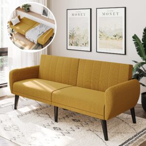 belleze adjustable folding sofa bed, upholstered modern convertible futon, sleeper sofa for living room, guest room, garage - melrose (yellow)