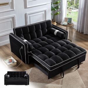 ds-homeport 3 in 1 pull out convertible sofa bed with usb ports - 55" modern velvet sleeper sofa with 3 level adjustable backrest, love seat w/ 2 pillows ＆ 2 pockets for bedroom (full size,black)