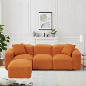 wonder comfort 94" teddy fabric l-shaped sectional sofa with reversible ottoman, sherpa futon couch with 2 pillows for living room apartment, orange