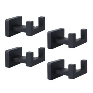 4 pack bath double towel hook, 304 stainless steel square matte black coat & robe hook, wall mounted heavy duty and rustproof double coat hook for robe, bath towel, coat