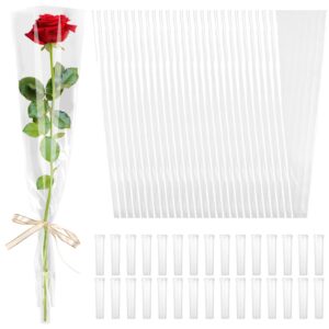 cridoz 100 pcs single rose sleeve with 100 pcs floral water tubes for bouquets, single flower sleeve flower wrapping bags flower water tubes for mother's day graduation party(transparent)