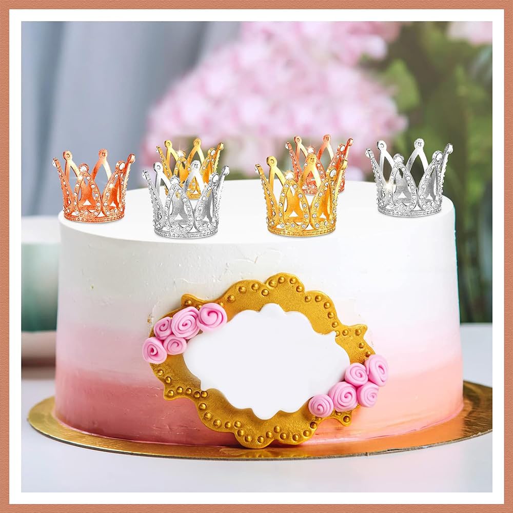 Fulanfudi 16pcs Mini Crown Cake Topper Crown Tiara Cake Topper Baby Princess Tiara Crown Rhinestone Crown Cake Decorations for Baby Shower Princess Themed Birthday Wedding Party(Gold)