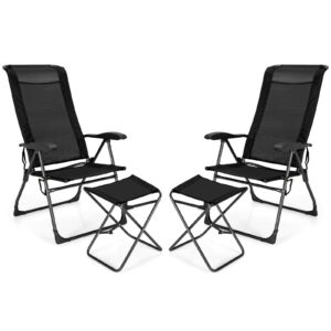 tangkula folding patio chairs, set of 2 outdoor dining chairs & ottomans, lawn chairs with 7-level adjustable backrest, armrests, mesh pocket, portable lounge chairs & footrests for backyard, camping