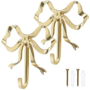 2 pcs bow hook towel robe hook, decorative bowknot hanger gold towel hook multi-purpose bow shaped hat hooks brass wall hook wall hanging towel hook for bathroom bedroom bathrobe, 3.6 x 3.5 x 0.8 in