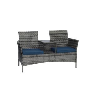 outdoor patio rattan loveseat with cushions and integrated coffee table - weather resistant 2 seat perfect for garden, lawn, and backyard leisure(grey-blue)