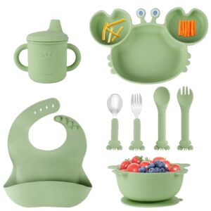 silicone baby feeding set with bpa-free suction plates, bowl, silicone bibs, sippy cup, 2 set forks and spoons for babies 8pcs baby led weaning supplies self feeding utensils for toddlers kids (green)