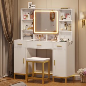 vanity desk with openable mirror and lights, glass tabletop makeup vanity set with charging station, white vanity table with 3 drawers & 2 cabinets, diy drawer dividers, hidden hooks