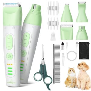 suprent dog grooming kit, 4 in 1 quiet pet clippers for grooming supplies, cordless cat paw trimmer dog nail grinder, professional long hair shaver set for cat matted hair and small dogs thick coats