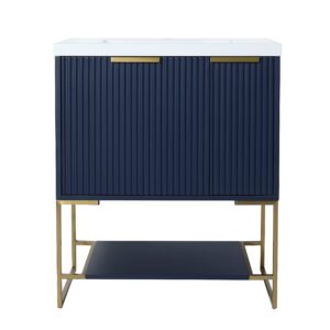 cuisinsmart 30" bathroom vanity with resin sink, bathroom storage cabinet with soft close doors & drawers, bath vanity with open shelf and metal pedestal navy blue