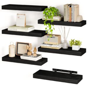 fixwal 15.8in black floating shelves, set of 6 wood shelves, farmhouse shelf wall decor for bathroom, bedroom, living and kitchen room