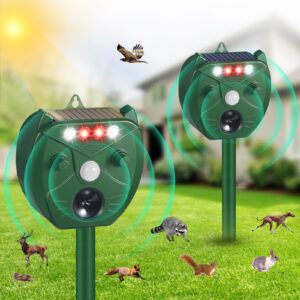 2 pcs ultrasonic animal repellent outdoor cat repellent deer repellent devices with pir sensor & red/white strobe light solar animal repeller squirrel repellent raccoon rabbit bird repellent deterrent