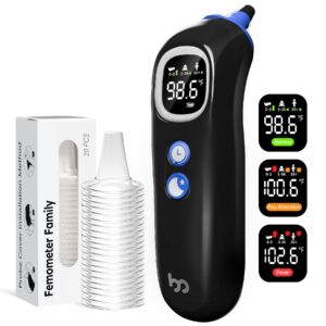 ear thermometer for babies, kids, and adults, high accuracy baby thermometer with 32 memory recall, led backlit, mute and night light, 21 disposable probe covers, storage case