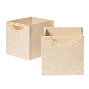 la jolie maison 2 pack foldable oatmeal felt cube bins, 13 inch storage cube with rattan handle, decorative storage bins for closet toys bedroom