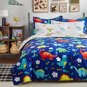 kids bed in a bag full size navy dinosaur comforter set - soft 7 pcs colorful bedding set for boys gilrs (1 comforter, 2 pillow shams, 1 flat sheet, 1 fitted sheet, 2 pillowcases)