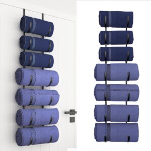 xrmao upgrated 7-tier over the door towel racks, metal wall mounted towel holder with adjustable door hooks, rolled towel organizer for bathroom, laundry room, black