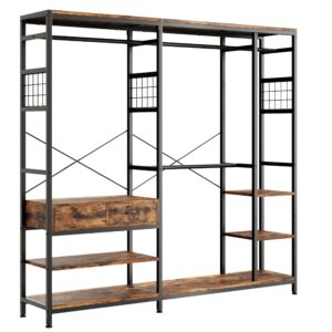 ironck closet organizer and storage shelves, heavy duty clothes rack with 2 wooden drawers, l shaped coat rack corner closet system, vintage brown