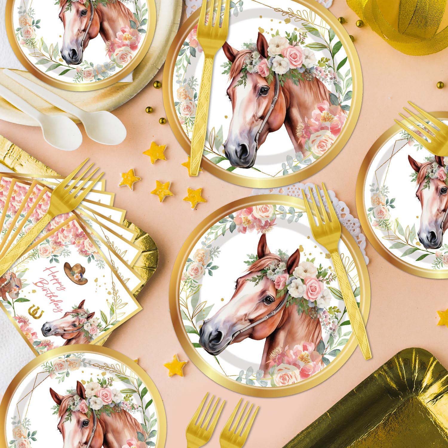 Horse Birthday Party Supplies Tableware - 96 Pcs Golden Horse Themed Plates and Napkins Sets with Forks, Cowgirl Birthday Party Decorations, Western Baby Shower Disposable Dinnerware, Serves 24