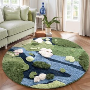 yihouse modern round area rug, grass green moss aesthetic rug for bedroom non-slip throw shag fluffy carpet washable circle rug for nursery room girls living room playroom home decor(summer, 3x3ft)