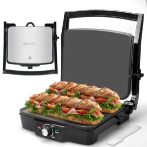 baker's friend panini press electric griddle, panini grill press sandwich maker press, grilled cheese maker, sandwichera electrical, browning control, non stick surfaces, 4-slices, stainless steel