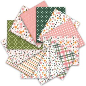 jarthenaamcs 12pcs cotton fabric bundles pink green floral gingham stripe dot fat quarters retro quilting patchwork for spring diy craft home party decor, 18 x 22 inch