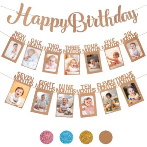 1st birthday photo banner and happy birthday banner for boys girls from newborn to 12 months, pre-strung first birthday monthly photo banner decorations for baby shower, first birthday party (kraft)