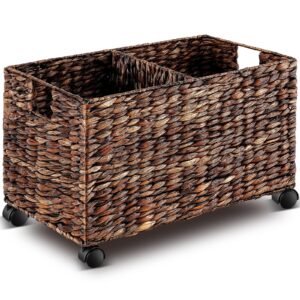 havawish 1 pcs extra large rolling storage wicker basket cart with wheels file cabinet 23 x 12.5'' water hyacinth divided organizer blanket storage recycling sorting bin for laundry living room