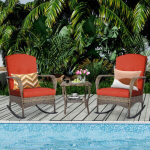 cirmubuy 3-piece outdoor furniture set, patio conversation chair, wicker rocking chair with side table for porch, garden, poolside & deck, carrot