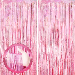 voircoloria 2 pack laser pink tinsel foil fringe curtains, pink party decorations, metallic tinsel party streamers backdrop for birthday bachelorette baby shower graduation wedding party decorations