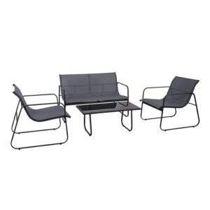 4 piece patio furniture set, outdoor conversations sets for patio, lawn, garden, poolside with a glass coffee table, heathered grey fabric with black frame